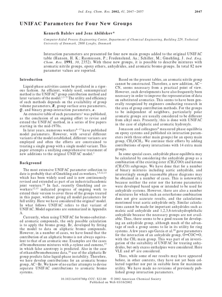 UNIFAC Parameters For Four New Groups | PDF | Ester | Acetate