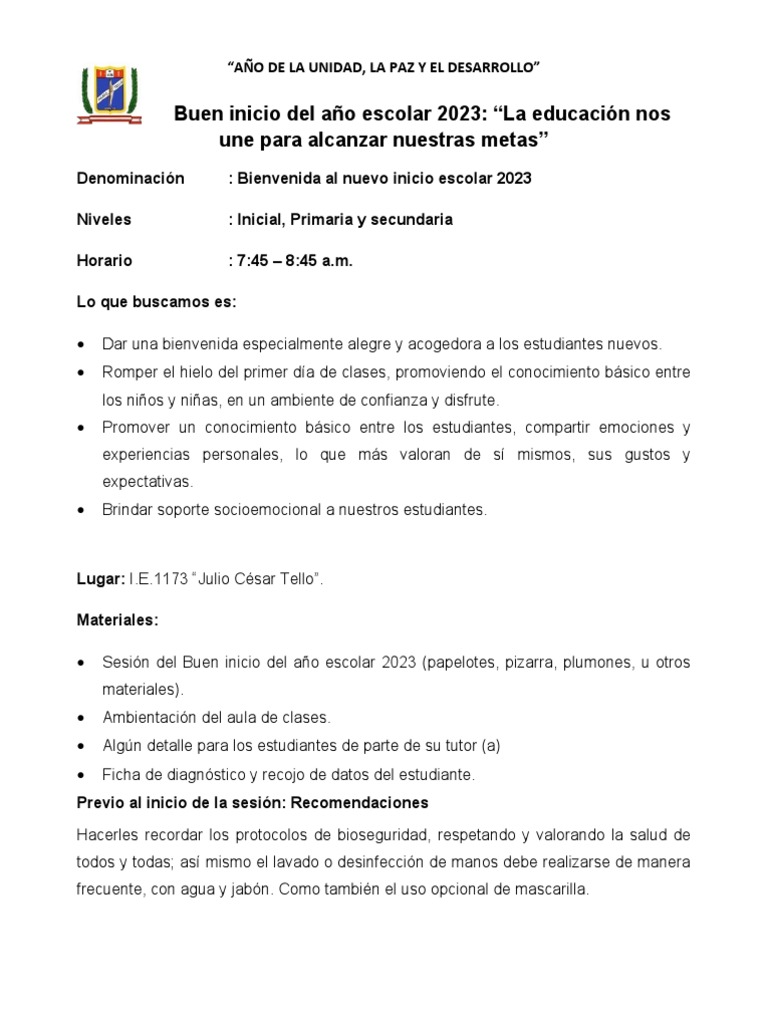Sesion de Buen Inicio Año 2023 Ok. | PDF | Salón de clases