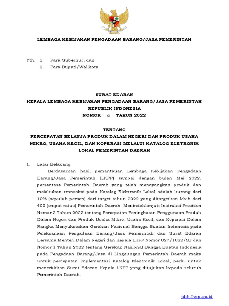 Surat Edaran Kepala LKPP Nomor 6 Tahun 2022 - 2033 - 1 | PDF
