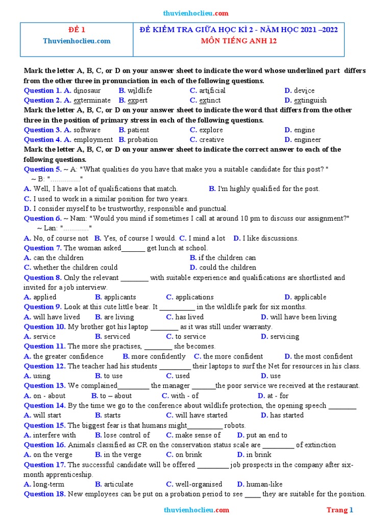 Bo de Thi Giua HK2 Tieng Anh 12 Nam 2022 Co Dap An | PDF | Extinction | Robot