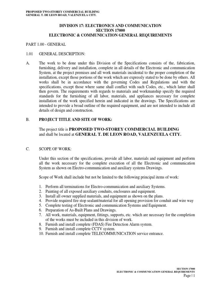 Electronic and Communication Requirements for the Proposed Two-Storey ...