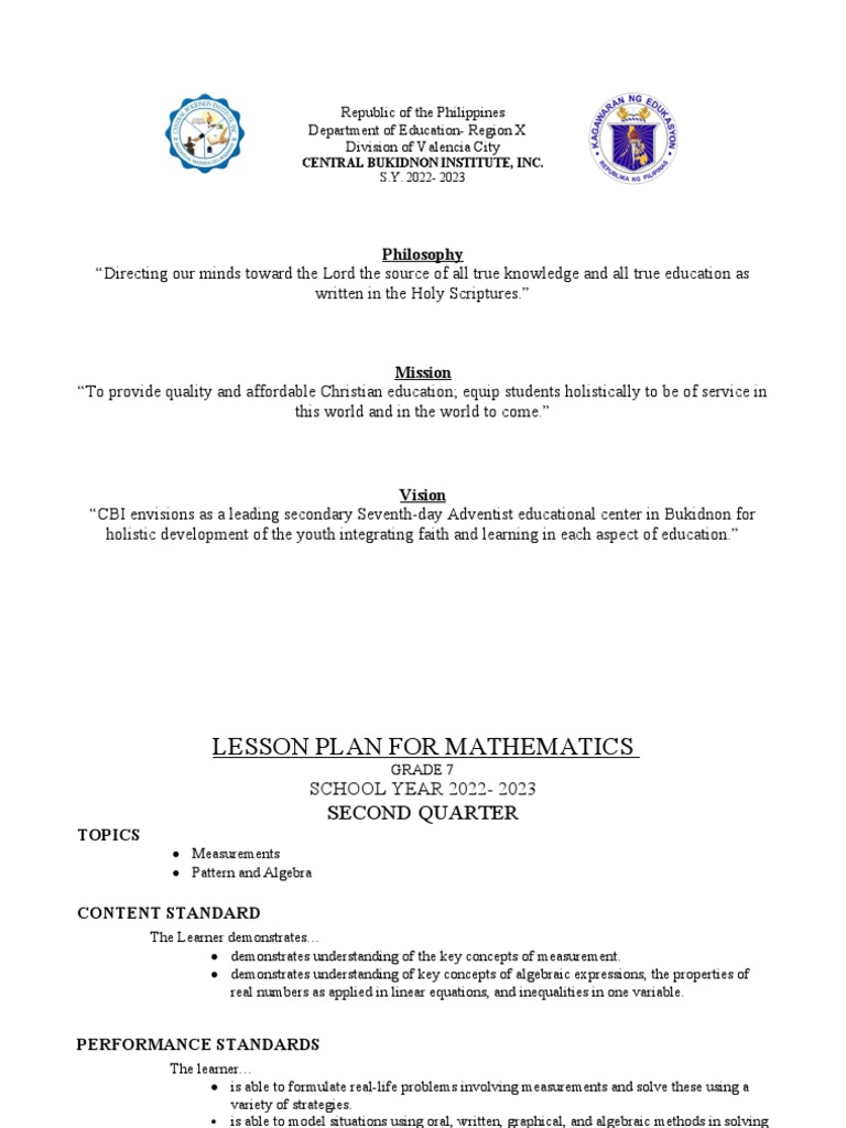 Grade 7 Math Lesson Plan 2022-2023 | PDF