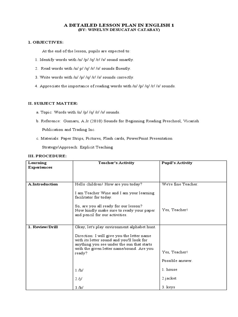 A Detailed Lesson Plan in English 1 . | PDF | Lesson Plan | Teachers