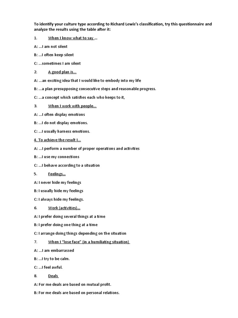 Lewis Culture Types Questionnaire | PDF | Human Communication | Cognition