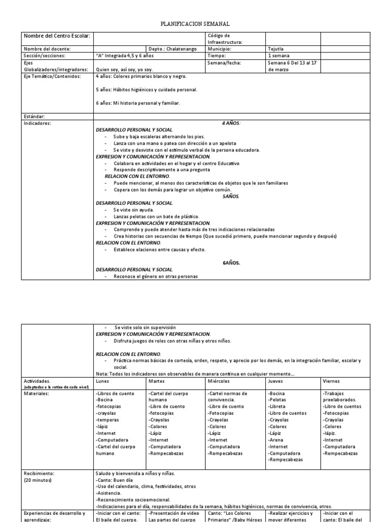 Planificacion Semana 6 Parvularia Integrada | PDF | Higiene