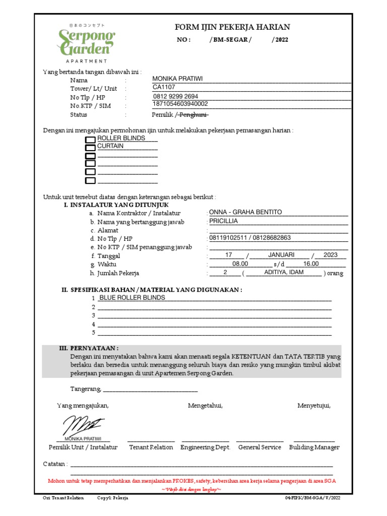Formulir Izin Pekerjaan Harian Apartemen | PDF