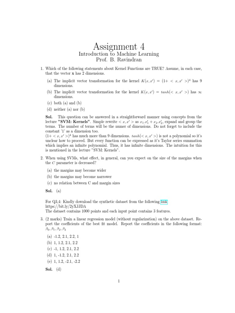 Assignment 4: Introduction To Machine Learning Prof. B. Ravindran | Download Free PDF | Support ...