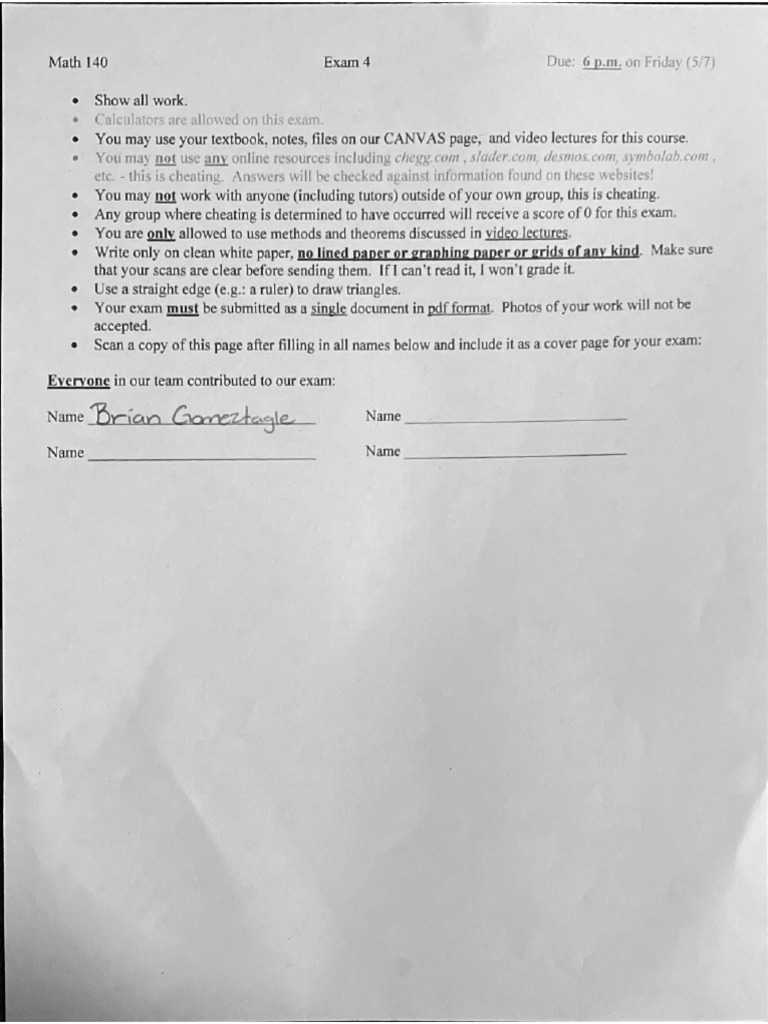 Math 140 Exam 4 | PDF