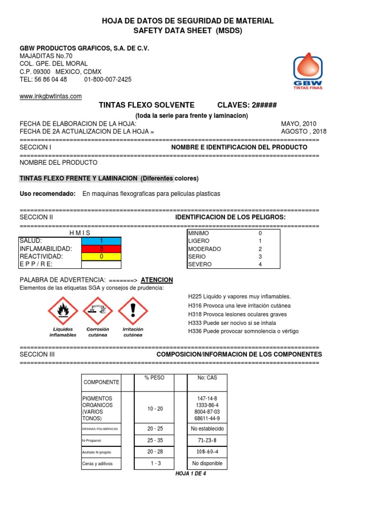 MSDS Hoja de Seguridad Tintas Flexo Solvente Frente y Laminacion GBW Nom-018 Ago 2018 ...
