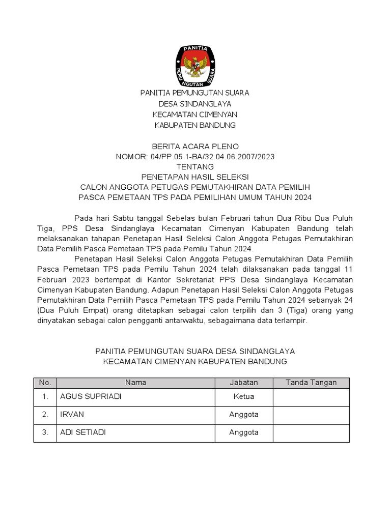 Draft Dokumen Penetapan Pantarlih Pasca Pemetaan TPS.docx | PDF