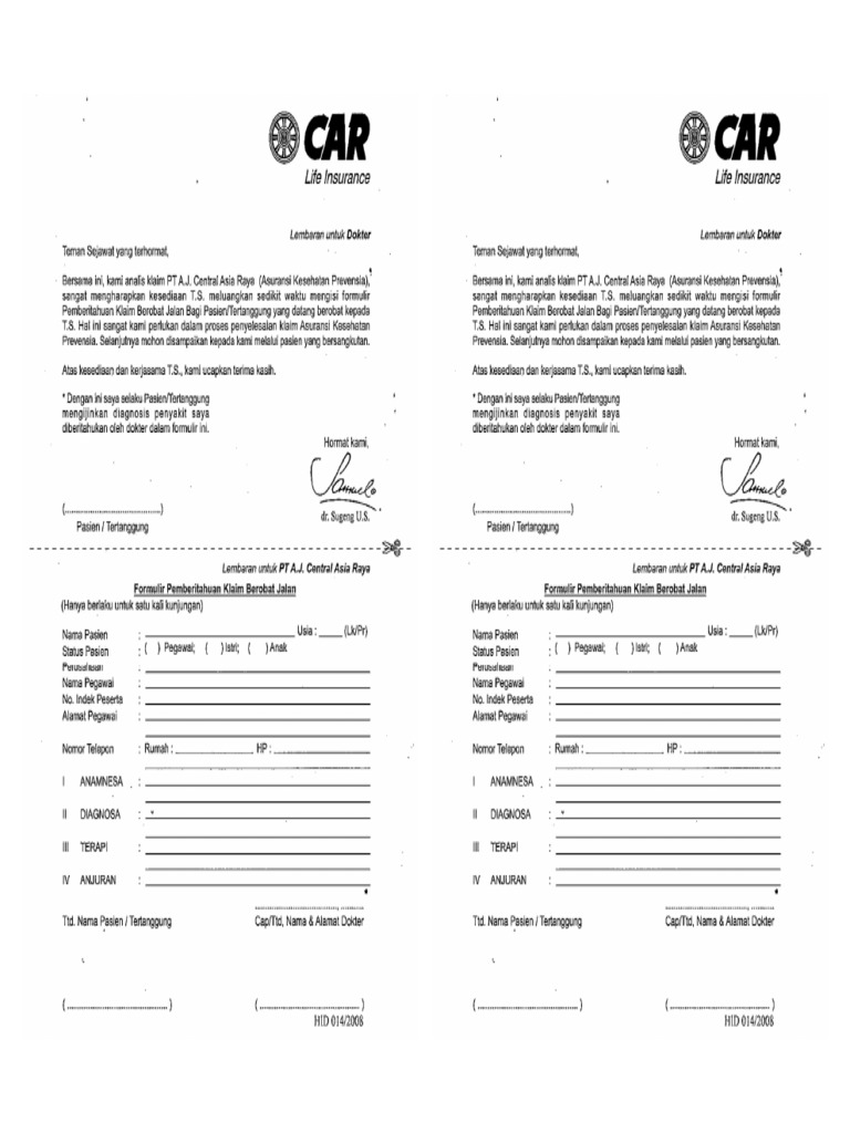 Formulir Klaim Rawat Jalan CAR PDF | PDF