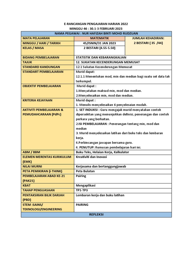 E-Rph 2022 Minggu 46 30.1-3.2.2023 | PDF | Metode & Bahan Ajar | Seni