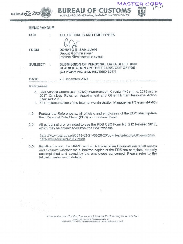 Iag Memo 42 2021 Submission of Personal Data Sheet and Clarification On The Filing Out of PDS | PDF