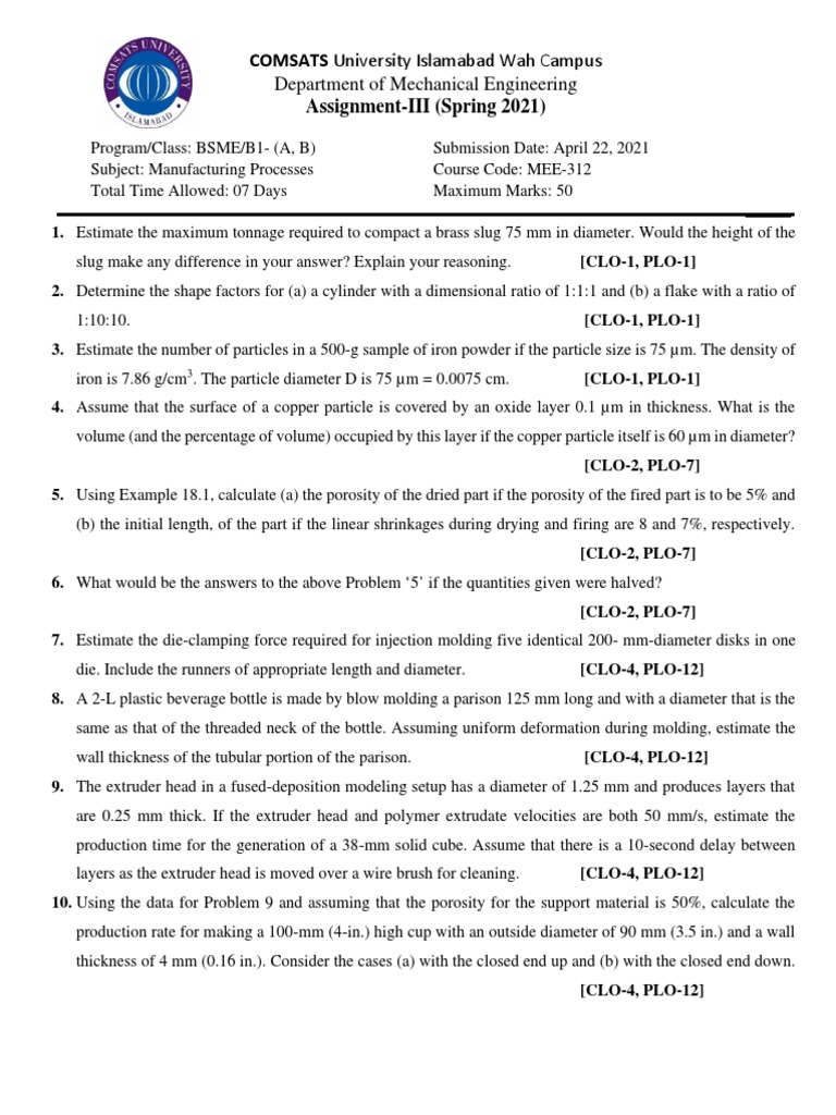 Manufacturing Processes Assignment BSME | PDF | Extrusion | Porosity