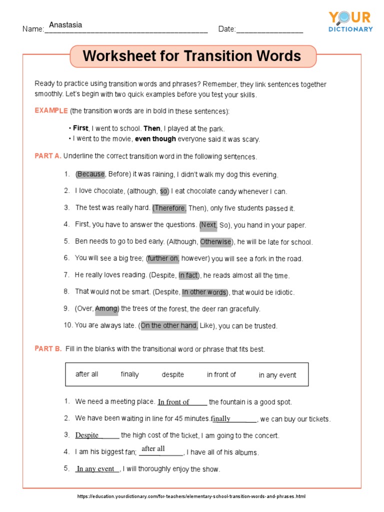 Transition Words Practice Worksheet | PDF | Language Arts & Discipline