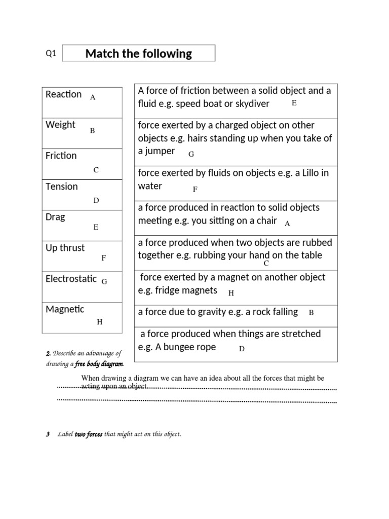 Match The Following: 2. Describe An Advantage of Drawing A Free Body ...