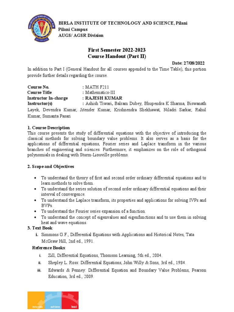 Handout M3 | PDF | Equations | Differential Equations