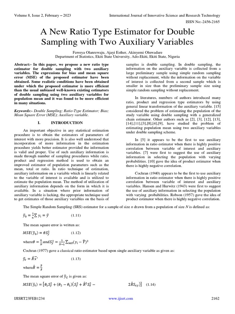 A New Ratio Type Estimator For Double Sampling With Two Auxiliary Variables Pdf Estimator