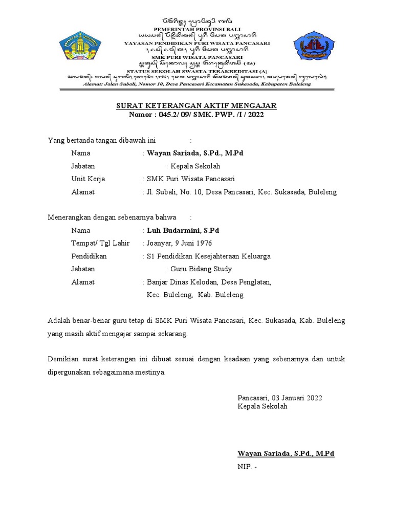 Surat Keterangan Aktif Mengajar | PDF