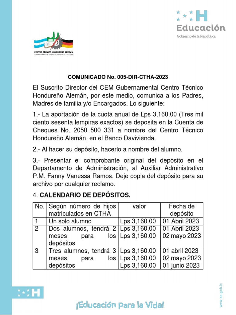 COMUNICADO No. 005-DIR-CTHA-2023 | PDF