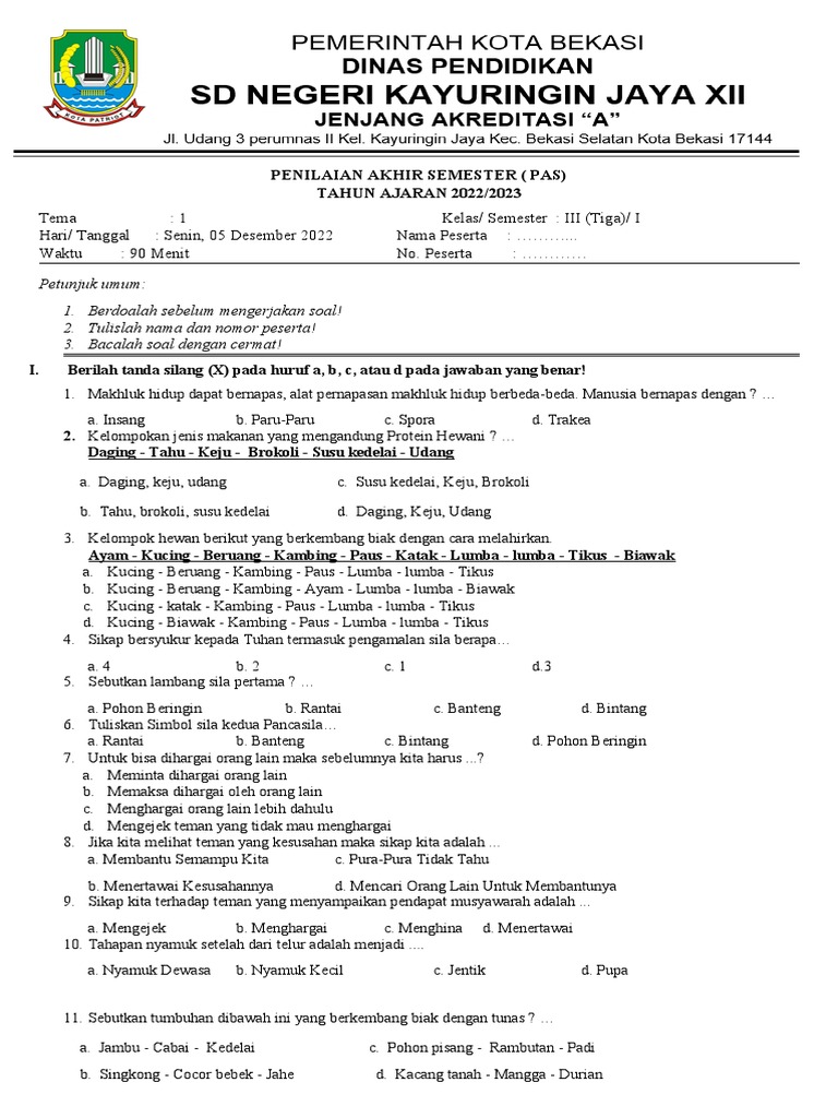 SOAL PAS KELAS 3 TEMA 1.doc | PDF