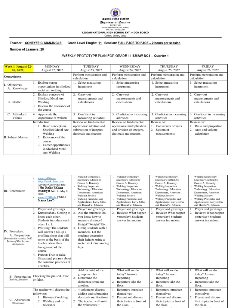 WEEKLY PROTOTYPE PLAN G11 SMAW NCI Quarter 1 | PDF | Multiplication ...