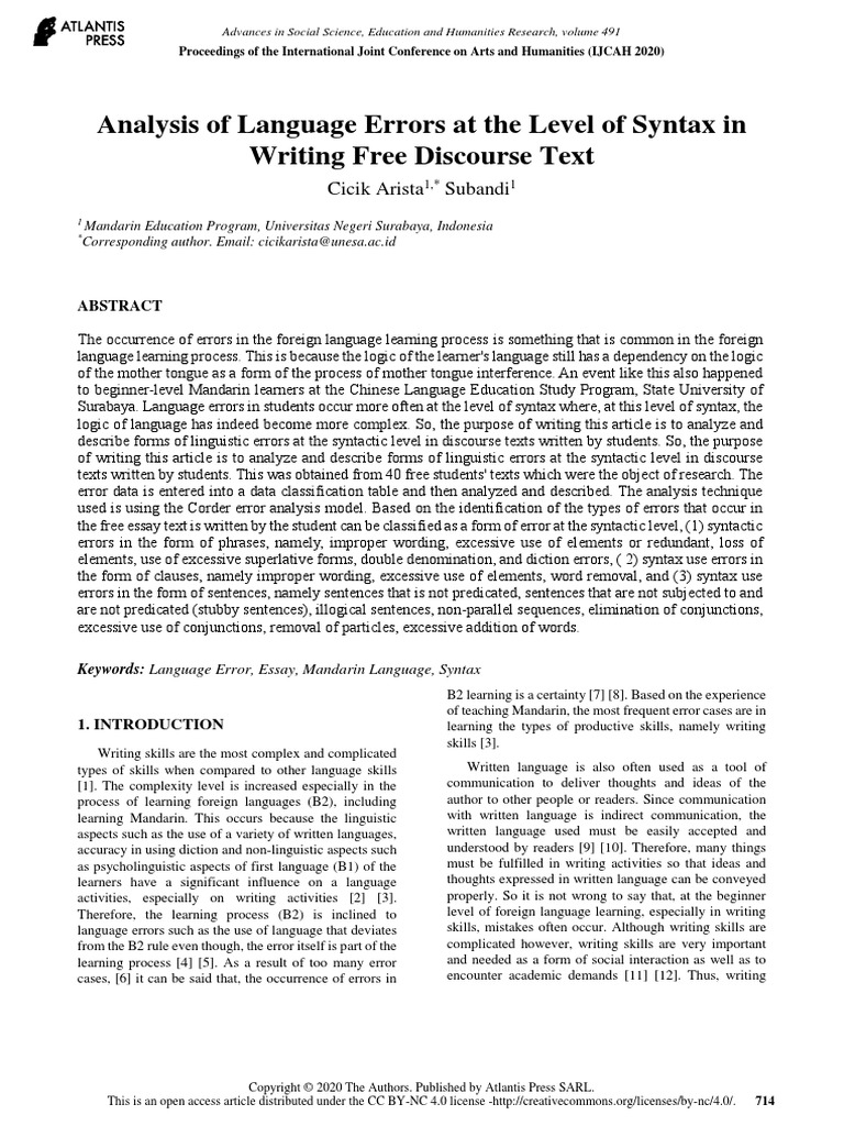 Analysis of Language Errors at The Level of Syntax in Writing Free Discourse Text | PDF | Phrase ...