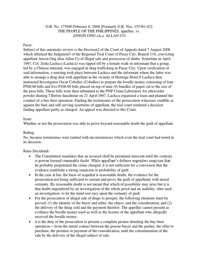 DIGEST - (30) People of The Philippines VS Ong | PDF | Reasonable Doubt ...
