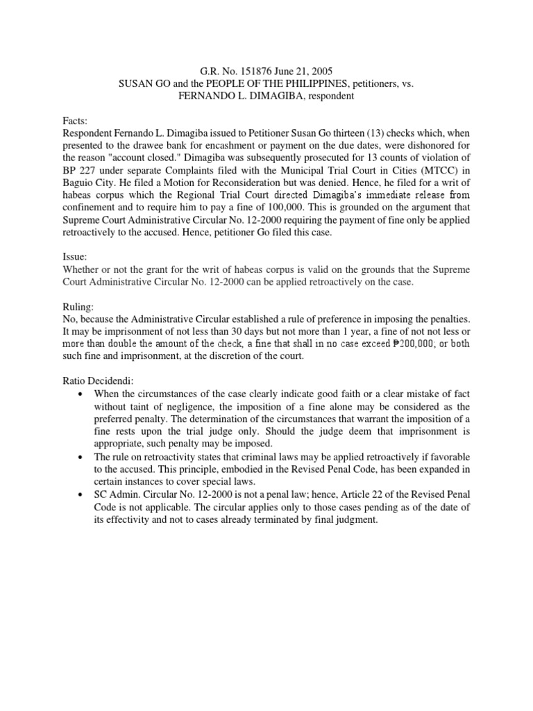 DIGEST - (17) Go VS Dimagiba | PDF | Habeas Corpus | Fine (Penalty)