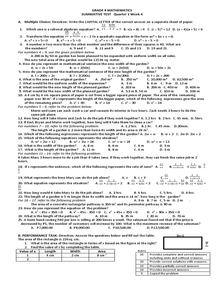 G9 Math Summative Test Q1W4 5 | PDF | Quadratic Equation | Mathematics