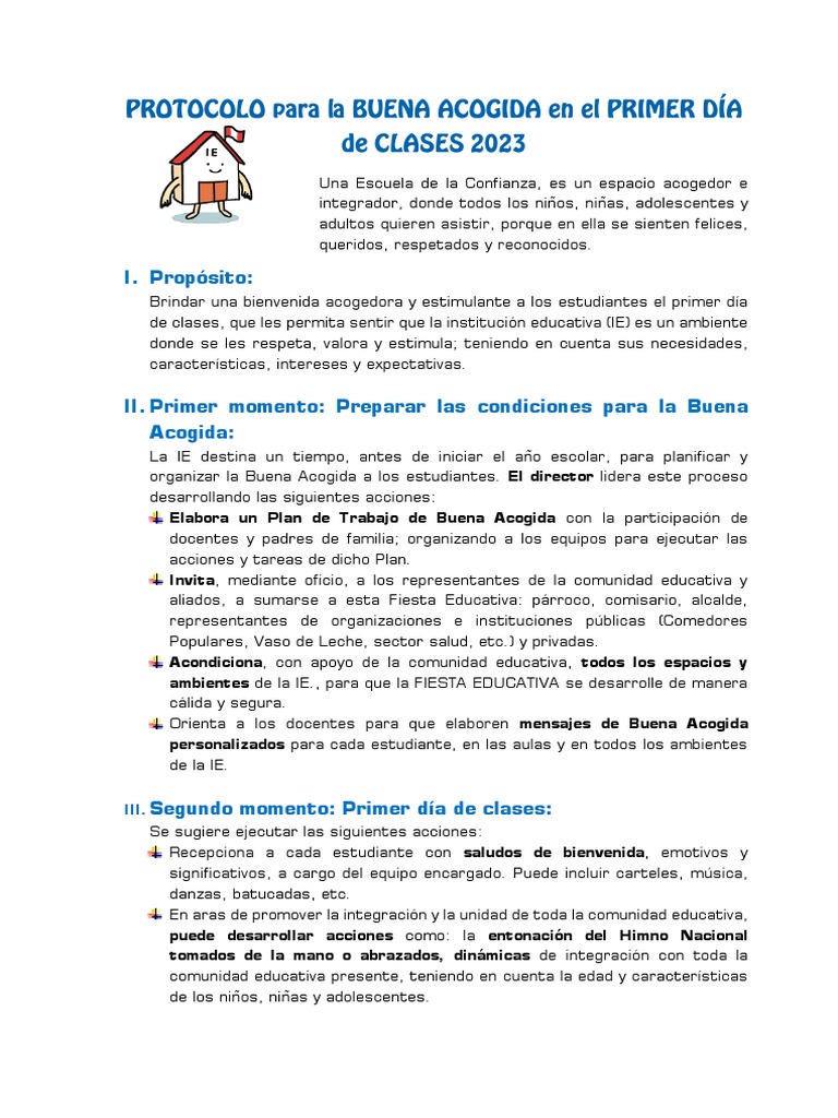 PROTOCOLO para La BUENA ACOGIDA en El PRIMER DÍA de CLASES 2023 PDF | PDF | Salón de clases ...