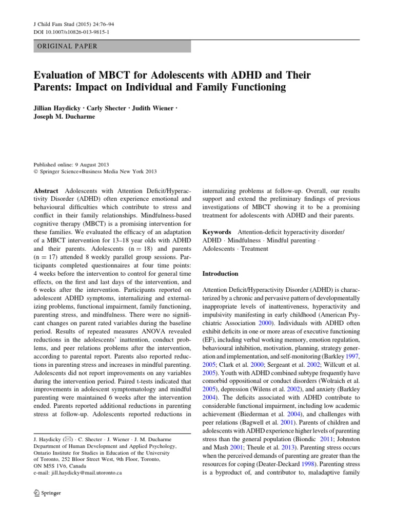 Haydicky (2015) Evaluation of MBCT For Adolescents With Adhd and Their Parents | PDF | Attention ...