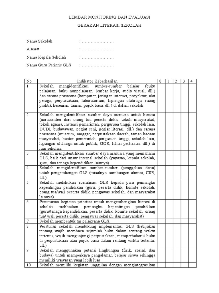 Lembar Monitoring Dan Evaluasi GLS | PDF