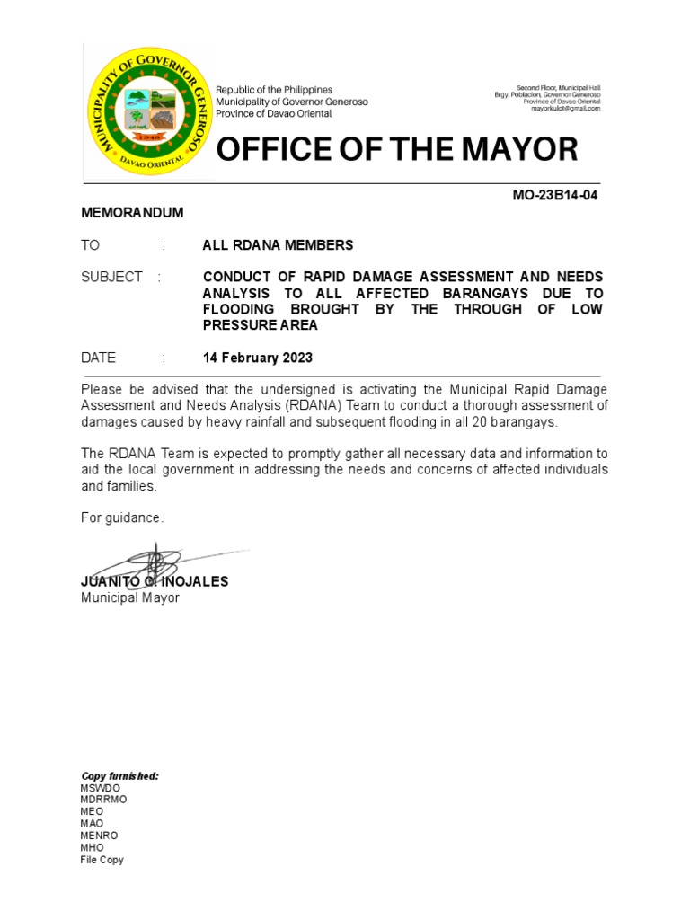 RDANA Team Activation for Flood Assessment | PDF