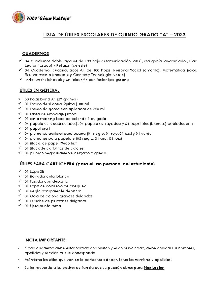 Lista de Útiles Escolares - 5°a | PDF