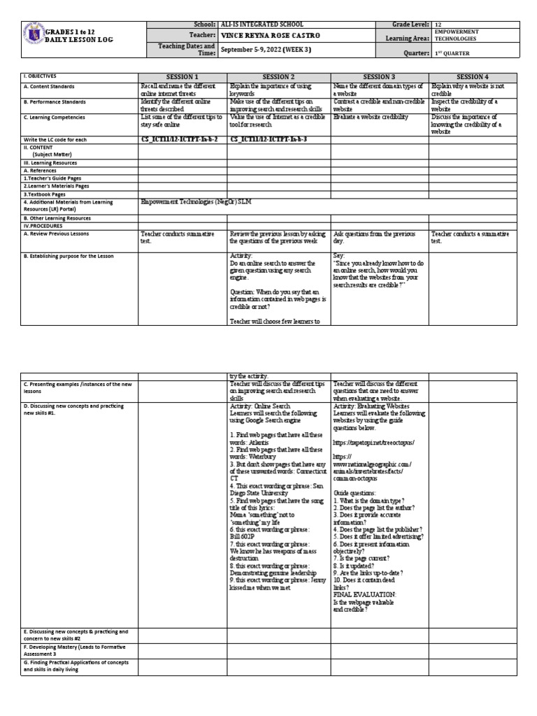 DLL Week 3 Empowerment Technologies | PDF | Learning | Teachers