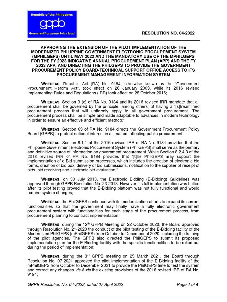 GPPB Resolution No. 04-2022 - Updated mPhilGEPS Implementation Plan ...