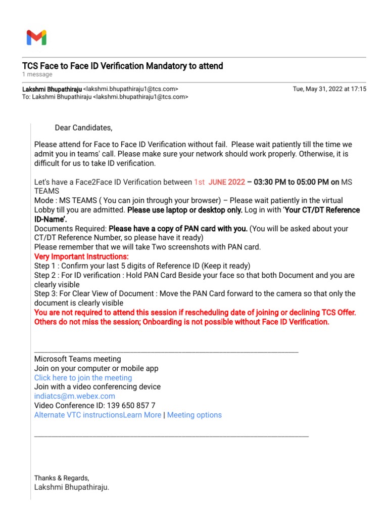 Gmail - TCS Face To Face ID Verification Mandatory To Attend PDF | PDF ...