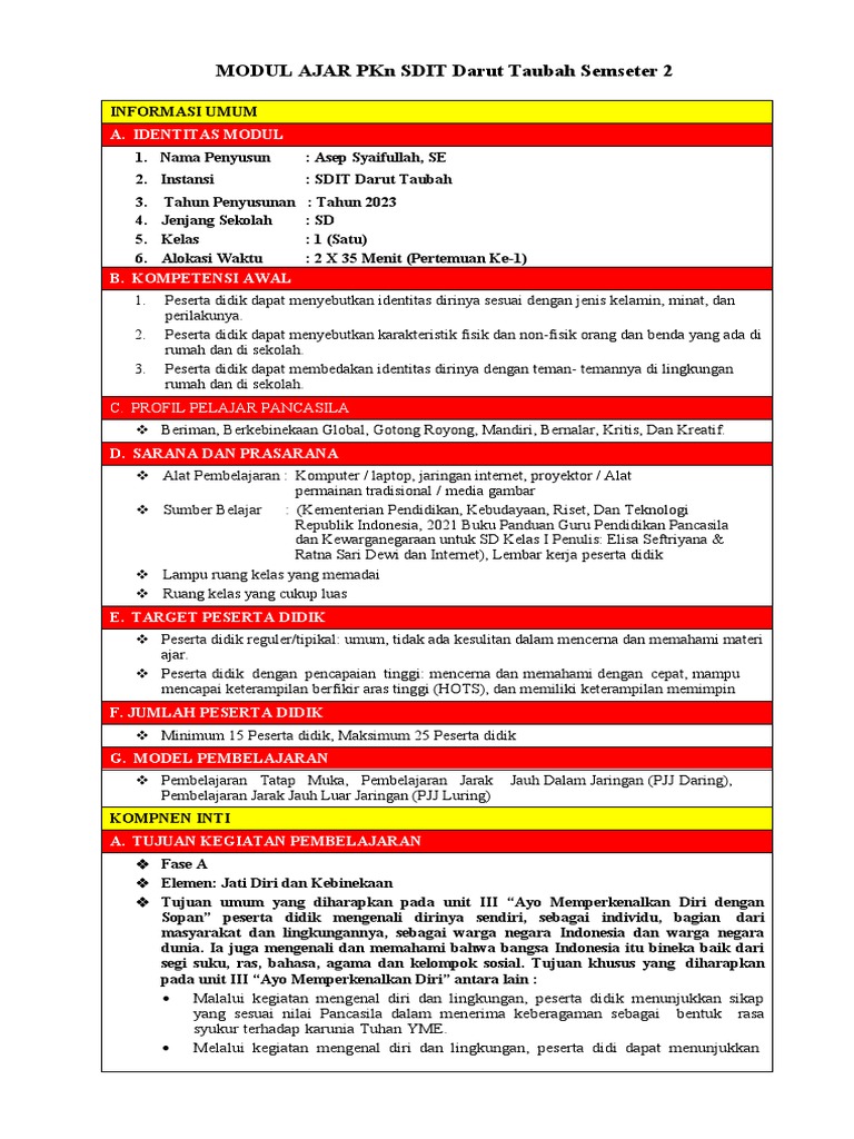 Modul Ajar PKN Kelas 1 Semester 2 Pertemuan Ke 1-4 | PDF