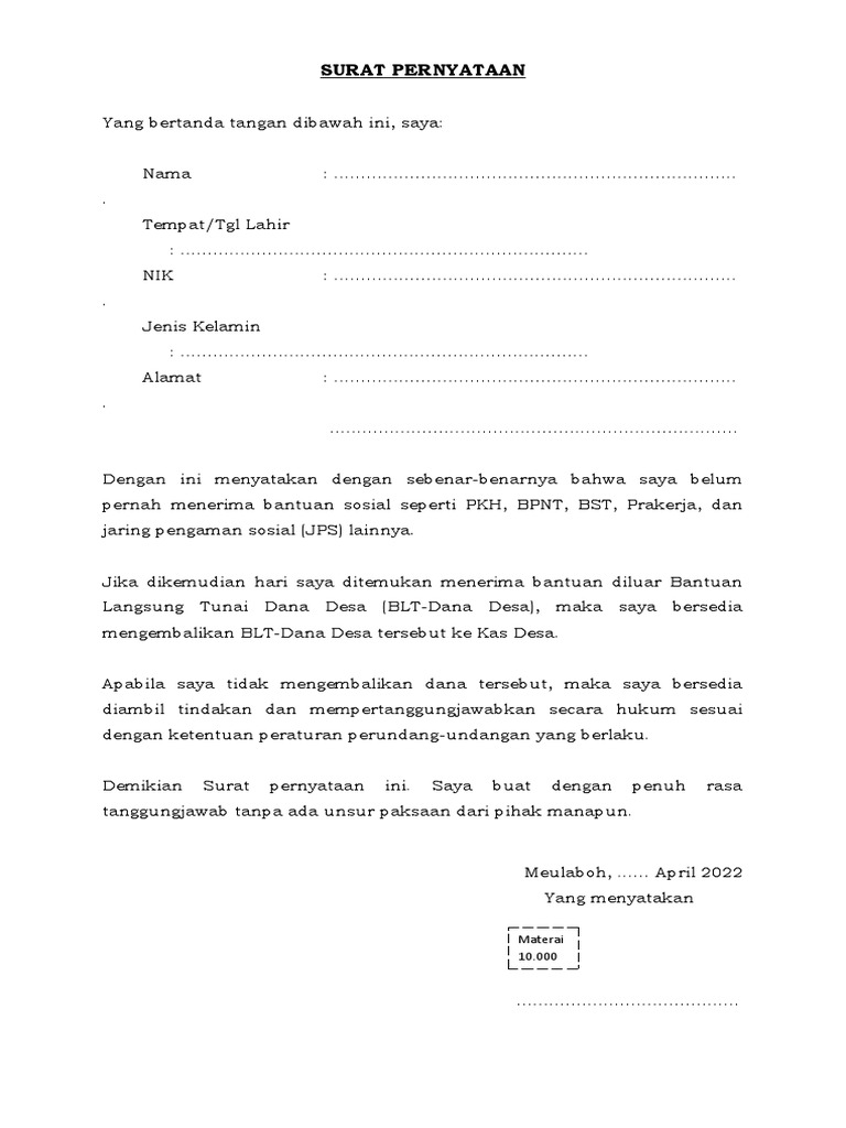 Surat Pernyataan BLT | PDF