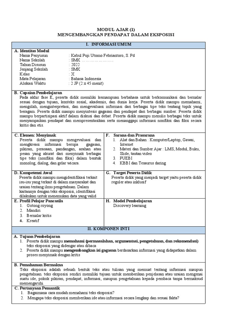MODUL AJAR Teks Eksposisi | PDF