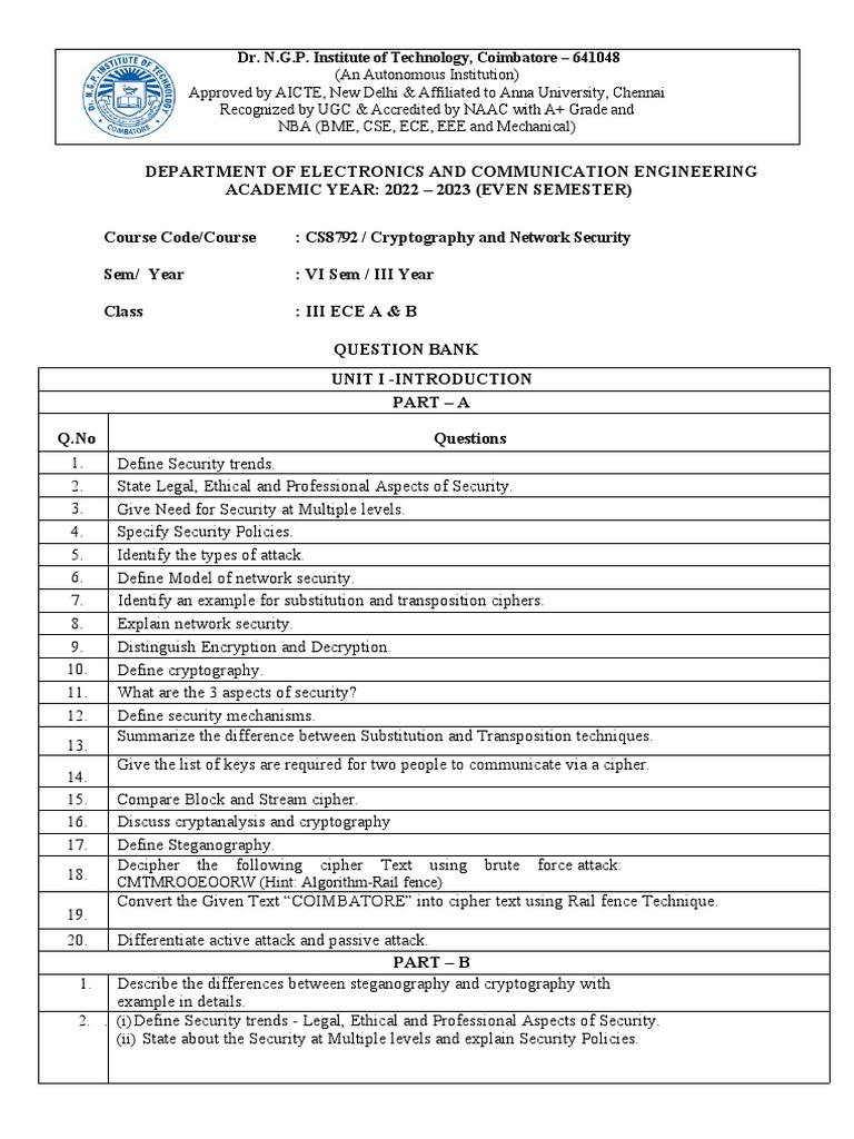 CS8792-Cryptography and Network Security QB | PDF | Public Key Cryptography | Cryptography