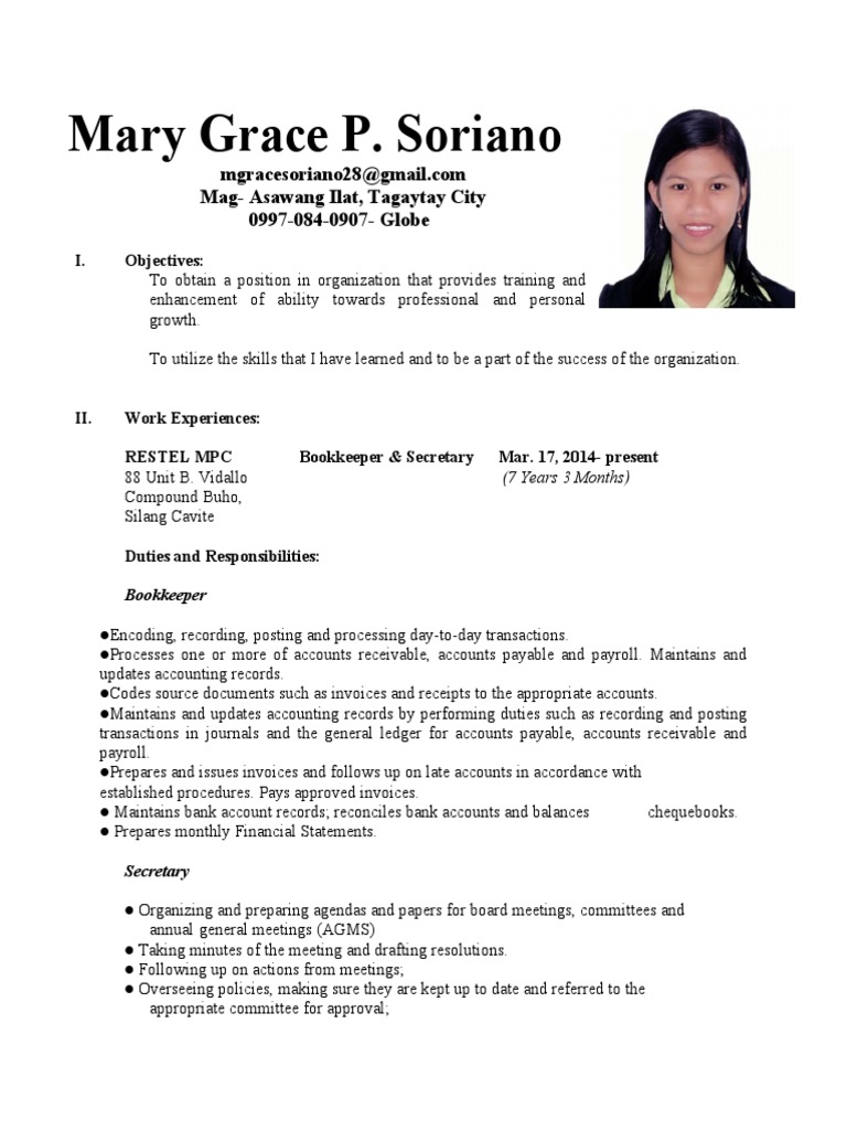 Mary Grace Soriano Resume | PDF | Bookkeeping | Financial Services