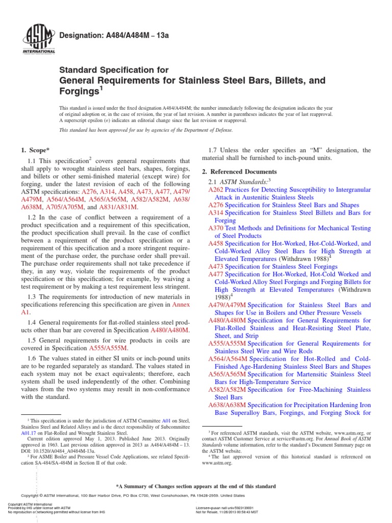 ASTM A 484 (13a) - General Requirement For STS Bar Forging | PDF | Rolling (Metalworking) | Steel
