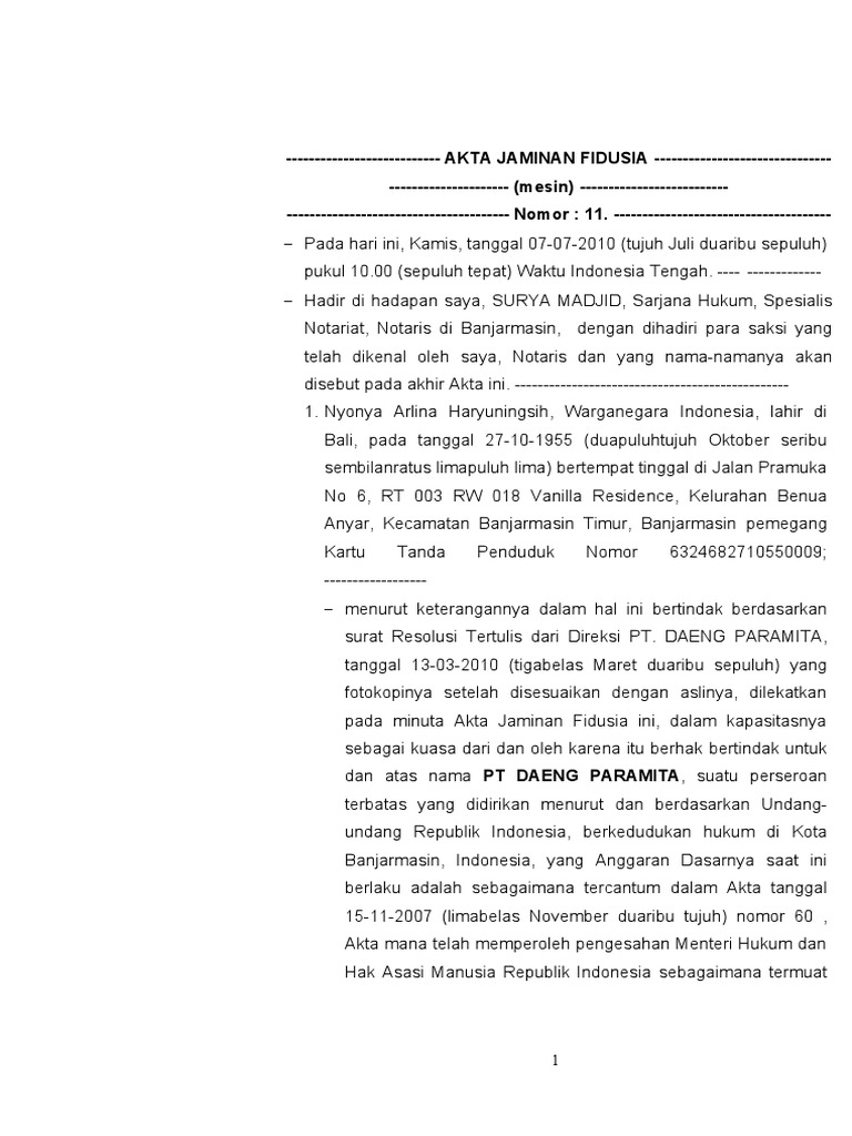 Akta Jaminan Fidusia BANK GOLDIE | PDF
