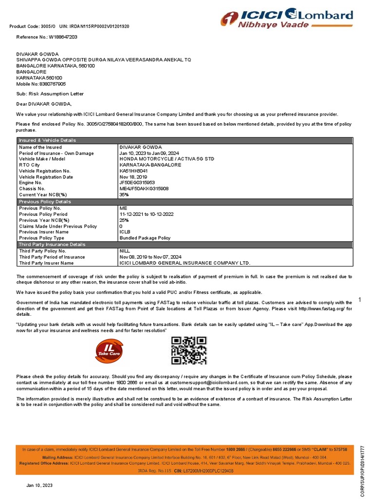 Product Code and Policy Details for Honda Activa | PDF | Insurance ...