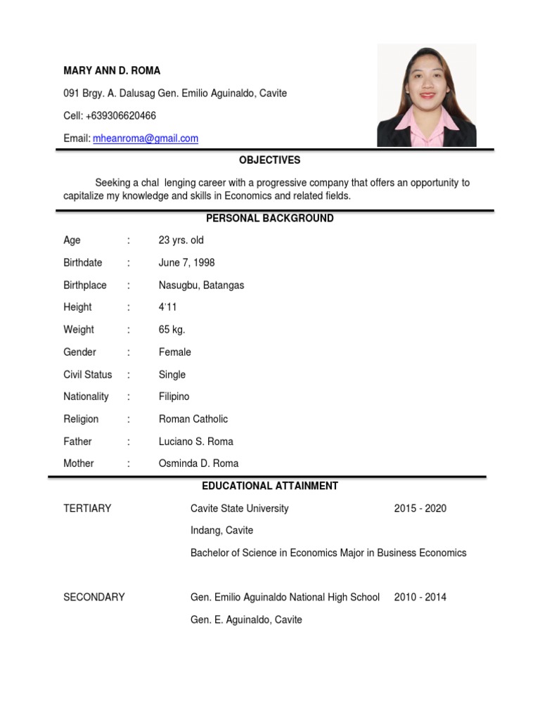 CV Roma | PDF | Philippines | Economics