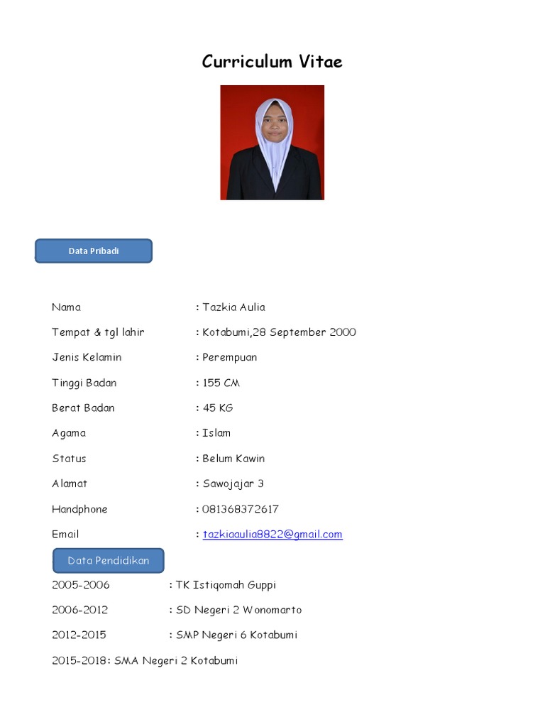 CV Tazkia Aulia: Pendidikan & Keterampilan | PDF