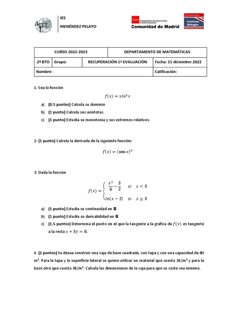 Examen MATEMÁTICAS II. Recuperación 1 Evaluación. Modelo II | PDF