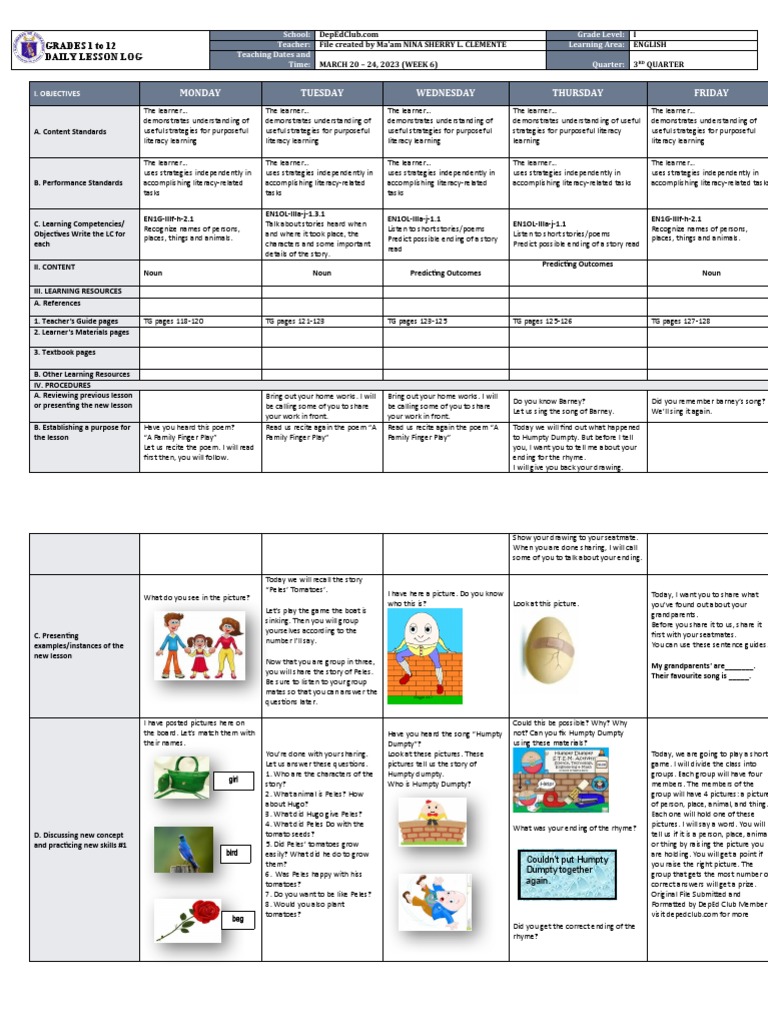 Weekly English Lesson Plans for Grade 1 Students Focused on Literacy ...